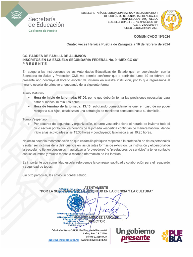 Comunicado 19 (Horario de Primavera) | PDF