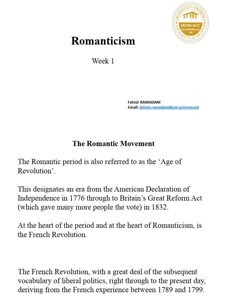 Week 1 Romanticism | PDF | Samuel Taylor Coleridge | William Wordsworth