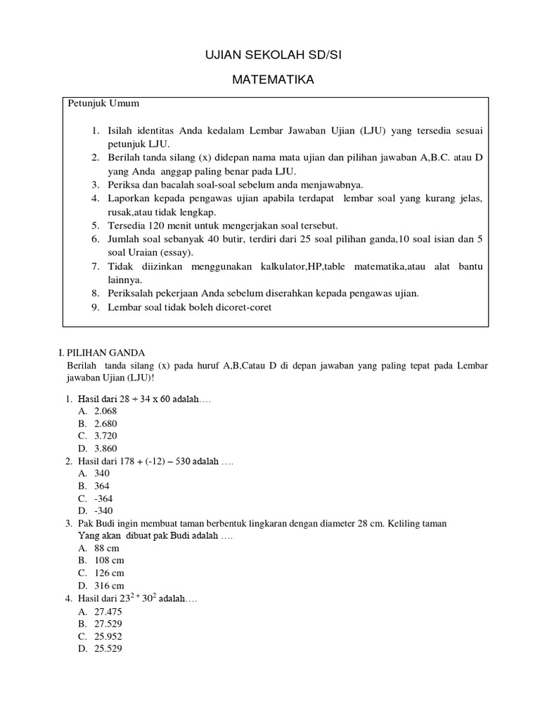 Soal Us Matem Kls 6 2024 | PDF