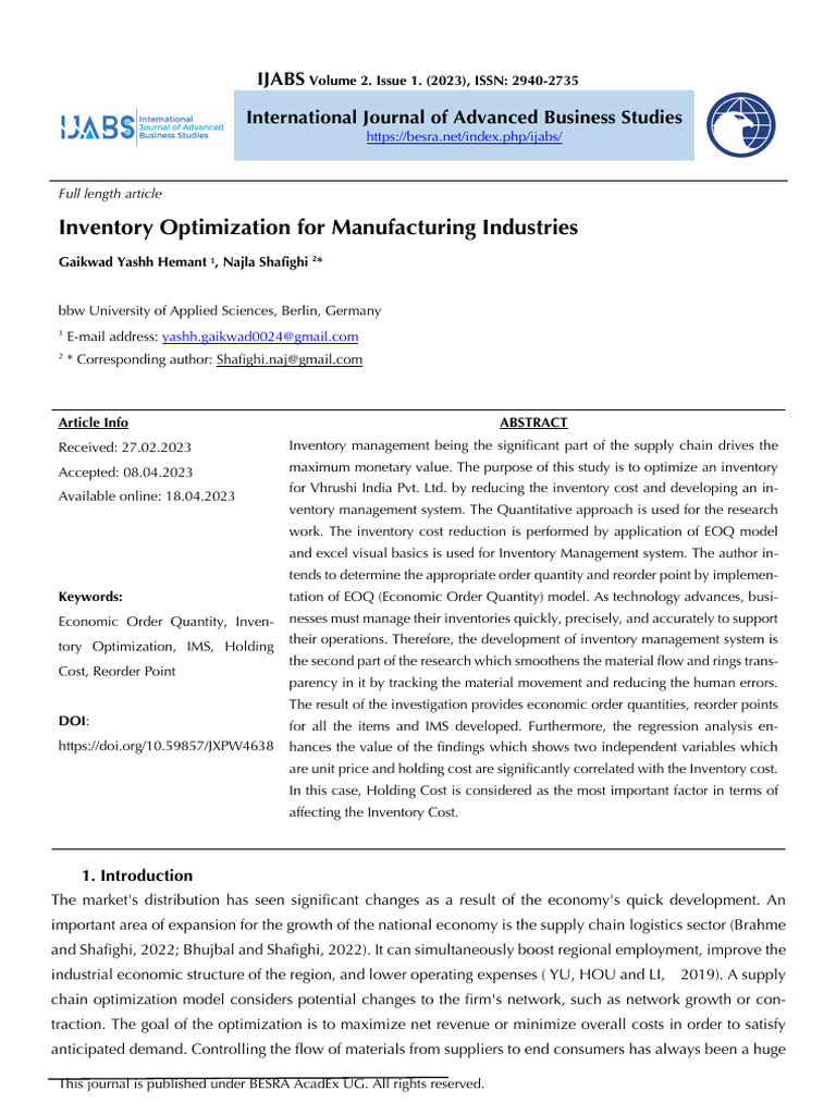 Inventory Optimization For Manufacturing Industries | PDF | Coefficient Of Determination | Inventory