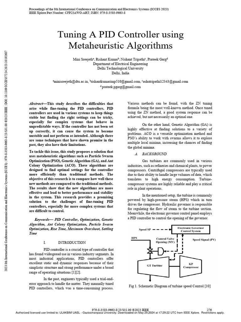 Tuning A Pid Controller Using Metaheuristic Algorithms Pdf Genetic Algorithm Applied