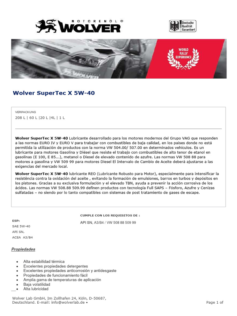 Wolver SuperTec X 5W-40 VW 508 88 509 99 | PDF | Lubricante | Combustible diesel