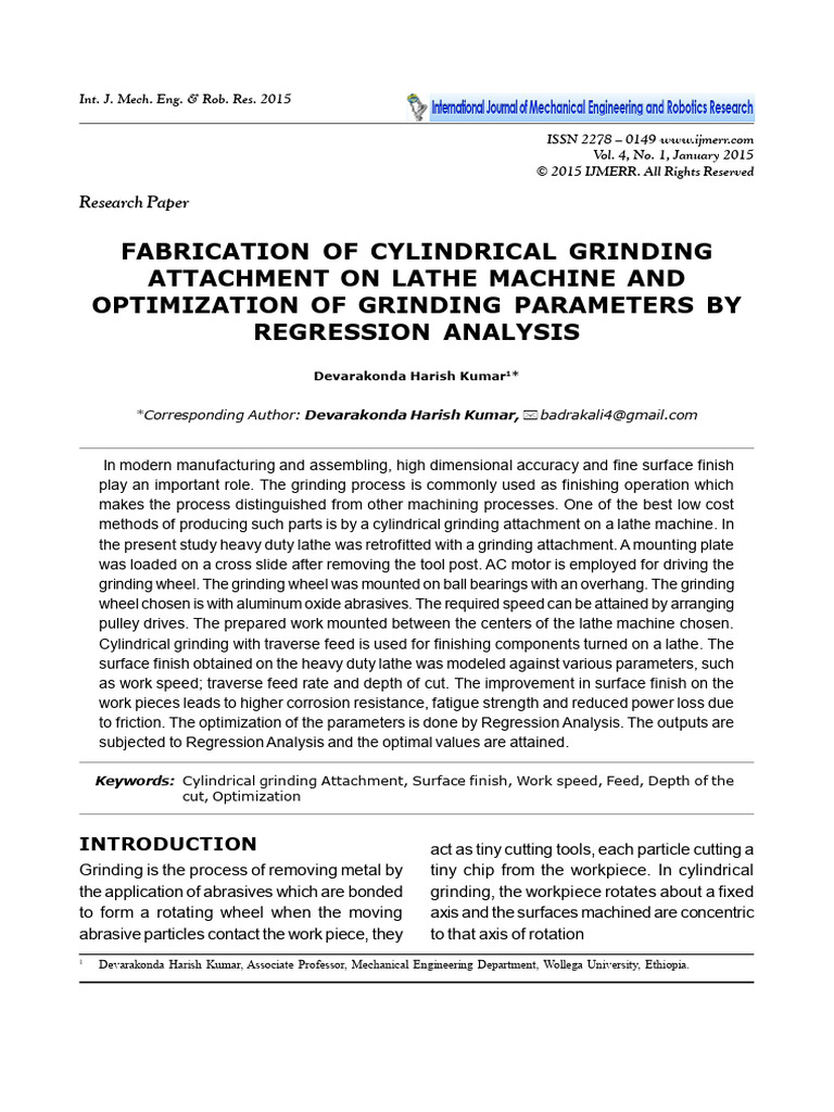 Fabrication of Cylindrical Grinding Attachment On Lathe Machine | Download Free PDF | Grinding ...