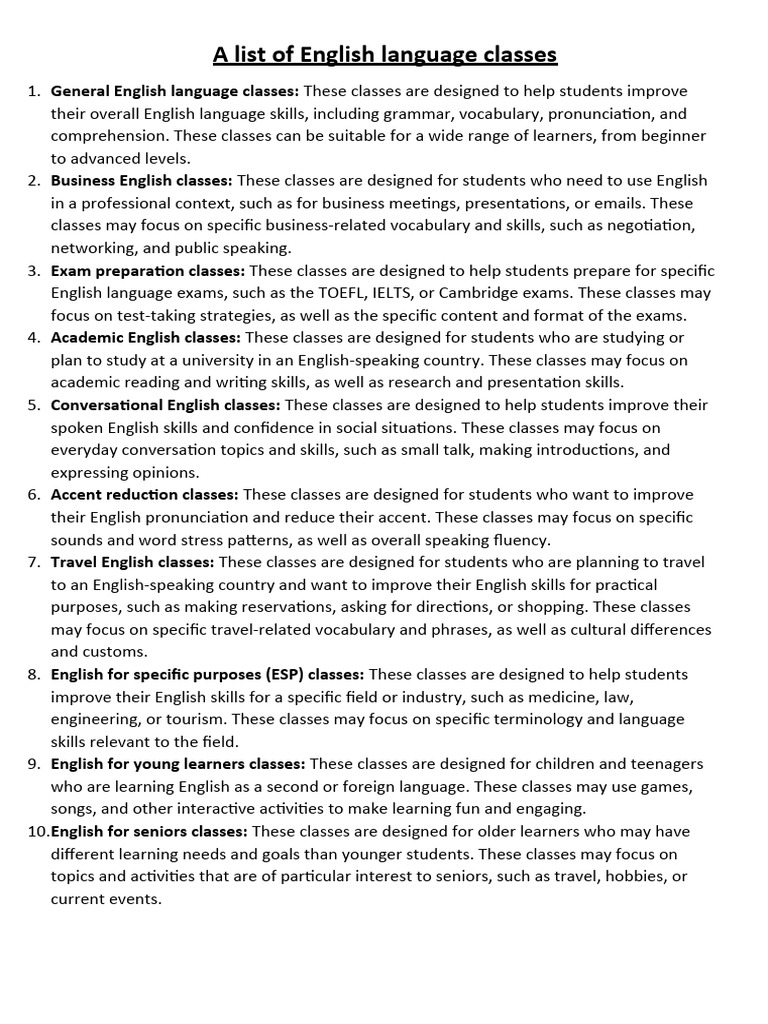 Types of English Language Classes | PDF | English As A Second Or ...