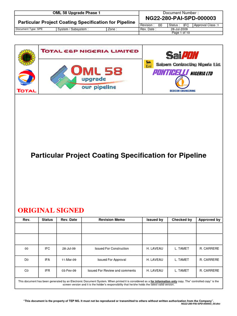 OML 58 Pipeline Coating Specs | PDF | Pipe (Fluid Conveyance) | Coating