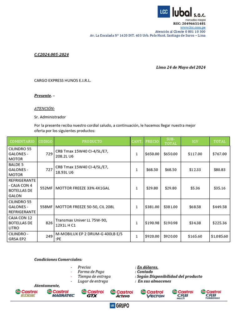 Cotizacion Industrias - Cargo Express Hunos E.I.R.L. 260524 | PDF