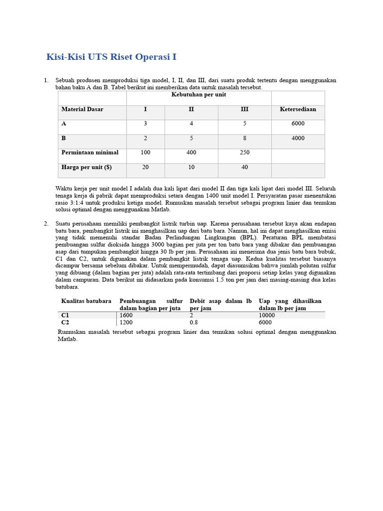 Kisi-Kisi UTS Riset Operasi I | PDF