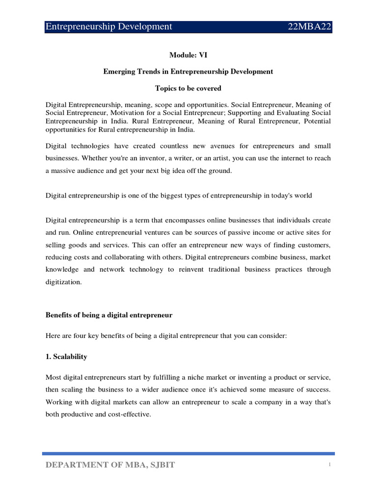 Entrepreneurship Development 22MBA22: Emerging Trends in ...