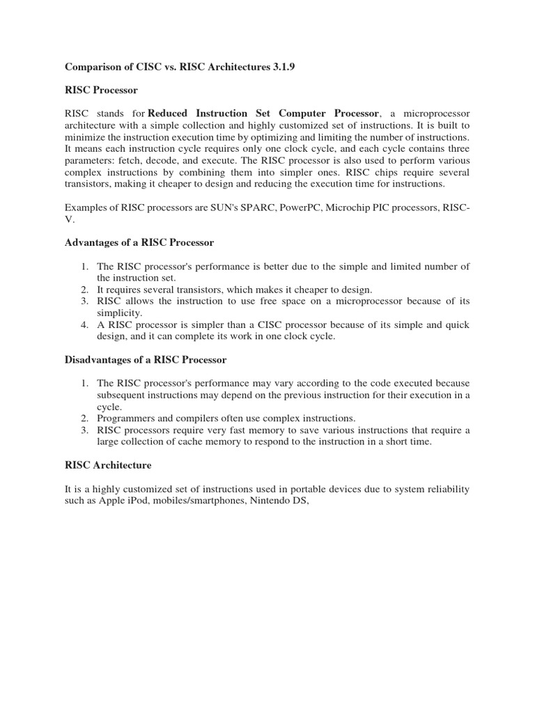 Comparison Of Cisc Vs Risc Architectures 3 1 9 Pdf Central Processing Unit Computer