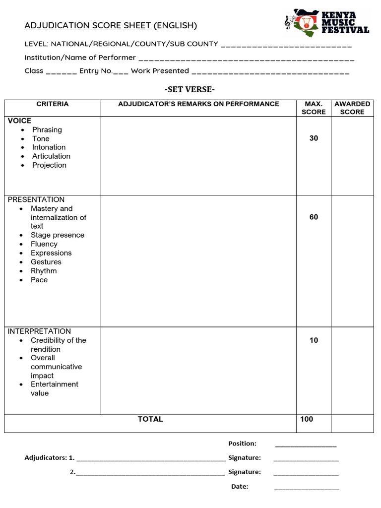 Adjudication Score Sheet For English | PDF | Human Communication