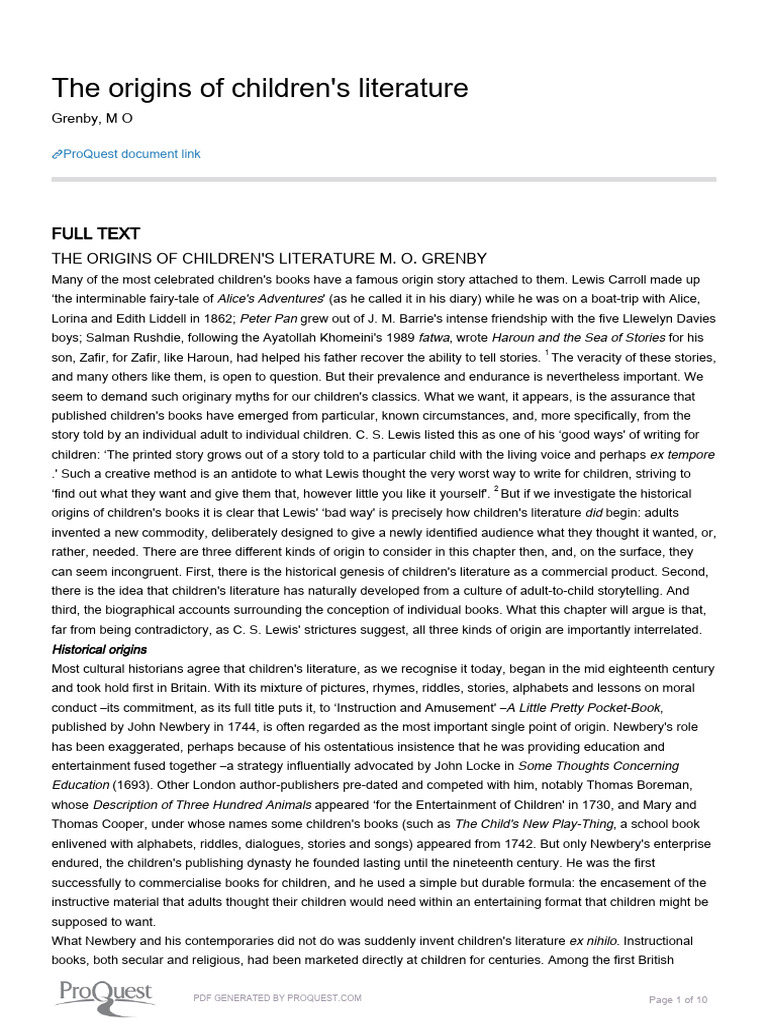 The Origins of Children's Literature by Grenby, M O | PDF | Children's ...