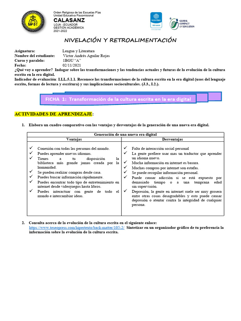 SEMANA 2 Ficha1 LA ESCRITURA 14-09-21 | PDF | Evolución | Internet