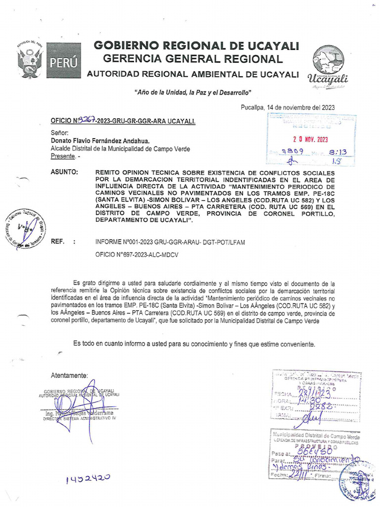 Oficio N°367-2023-GRU-GR-GGR-ARA UCAYALI. - Respuesta Al Oficio N°697-2023 - MDCV | PDF