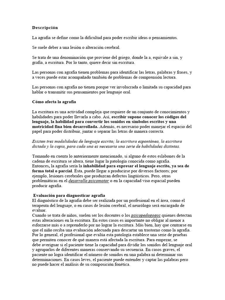 Agrafia Pura: Definición y Tipos | PDF | Afasia | Cerebro