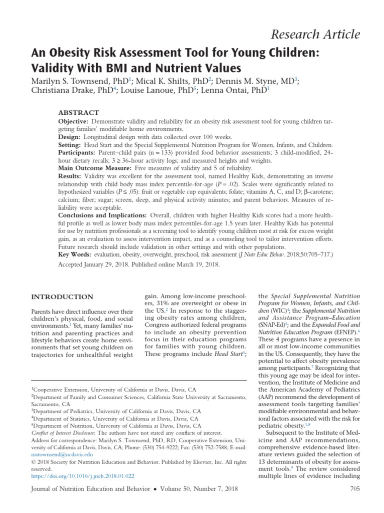 An Obesity Risk Assessment Tool For Young Childr 2018 Journal of ...