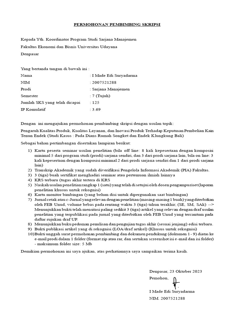 Surat Permohonan Pembimbing Skripsi | PDF