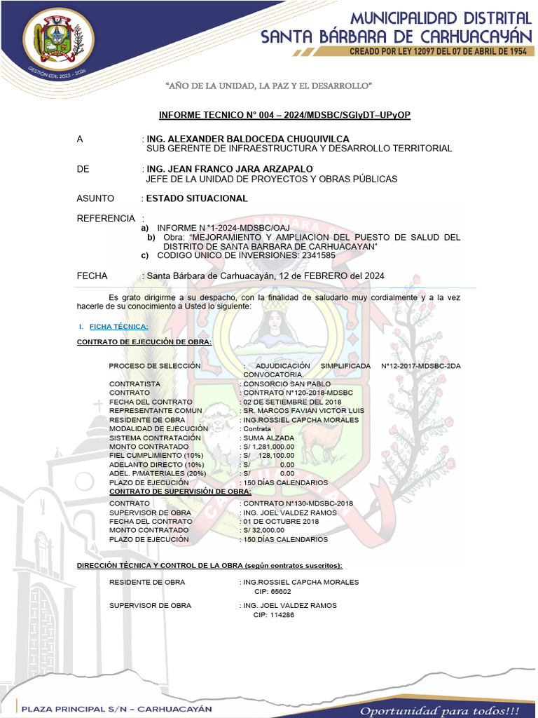 Inf. Tec. N°004 - Estado Situacional, Puesto de Salud | PDF | Gobernancia | Esfera pública
