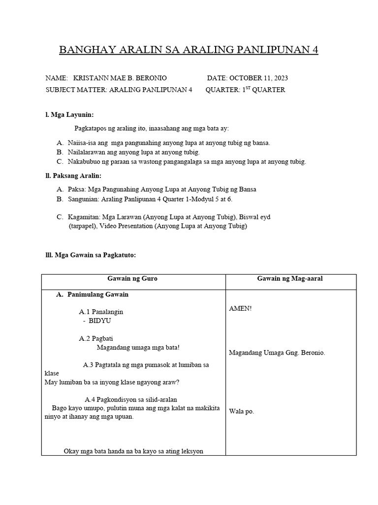 BANGHAY ARALIN SA ARALING PANLIPUNAN 4 (AutoRecovered) | PDF