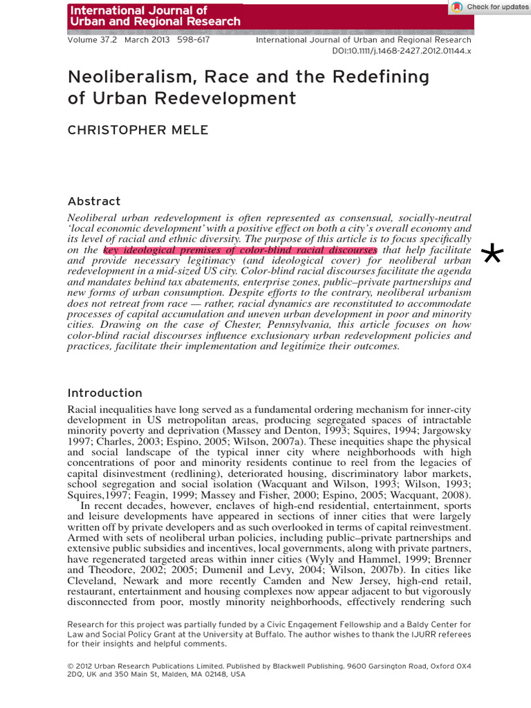 Int J Urban Regional Res - 2012 - Mele - Neoliberalism Race and The Redefining of Urban ...