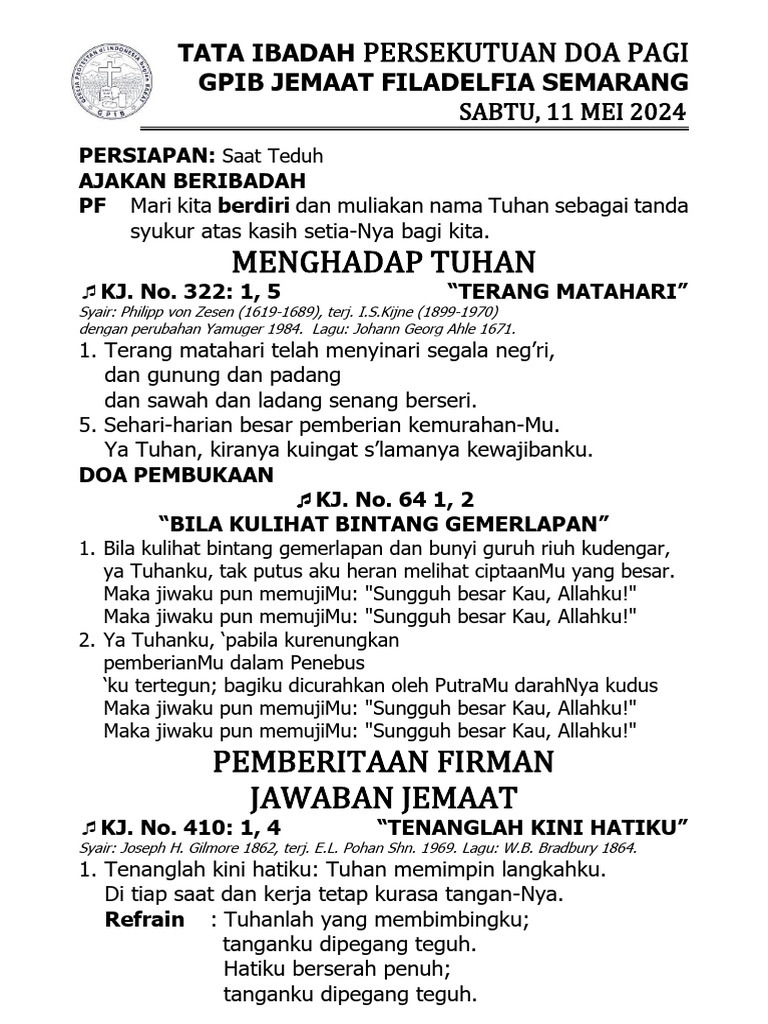 Tata Ibadah Persekutuan Doa Pagi, 11 Mei 2024 | PDF | Agama & Spiritualitas