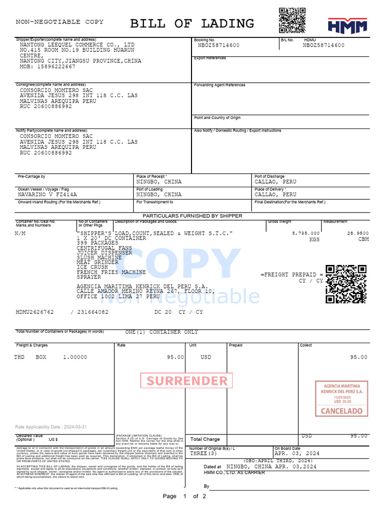 Non Negotiable Bill Of Lading Example