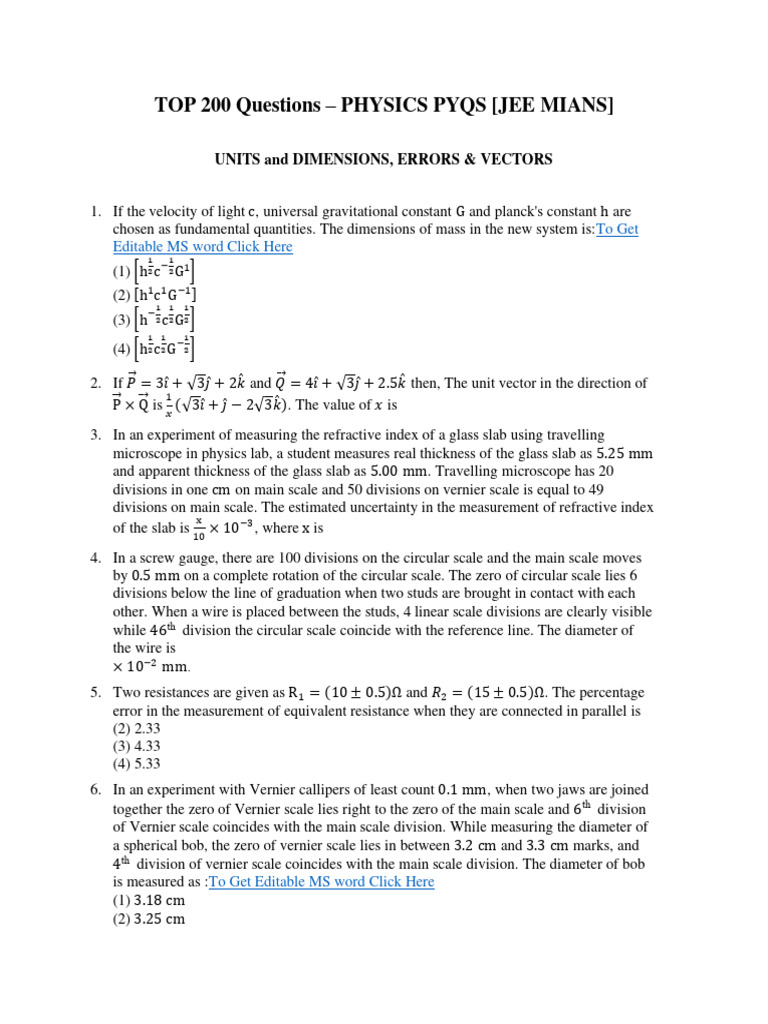 Top 200 Questions Jee Mains | PDF | Gases | Force