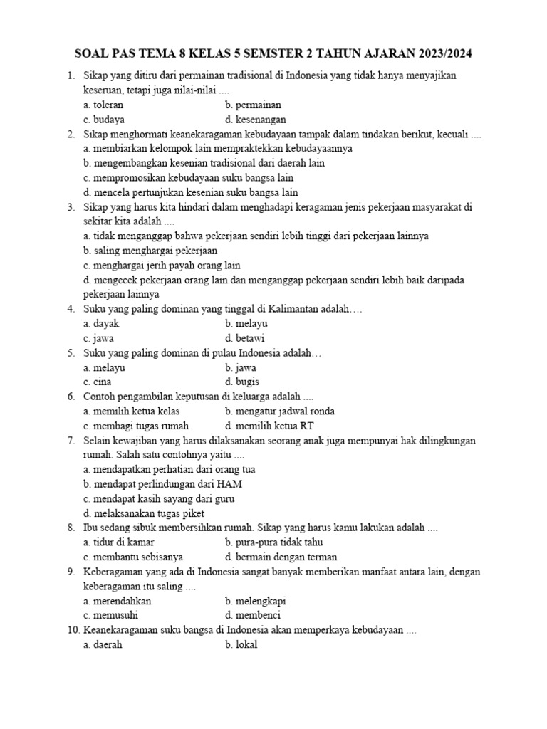 Soal Pas Tema 8 Kelas 5 Semster 2 Tahun Ajaran 2023 | PDF