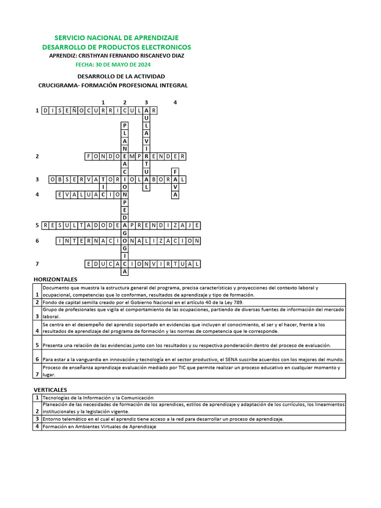 Crucigrama Formación Profesional SENA | PDF | Aprendizaje