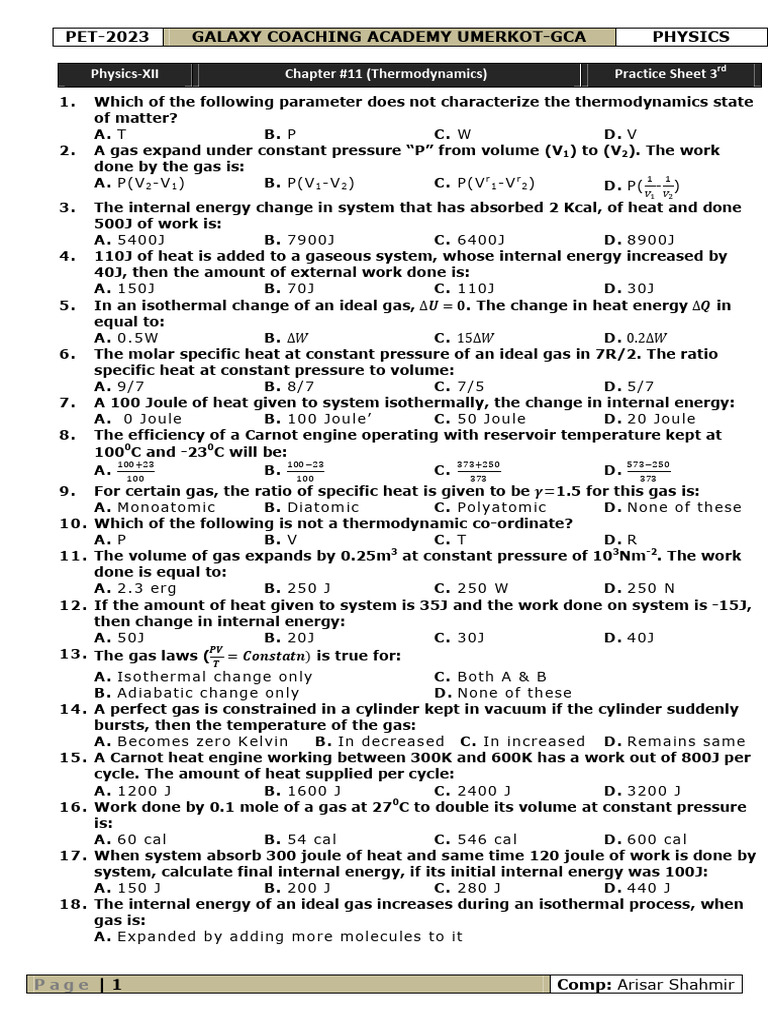 Physics Practice Thermodanymics | PDF | Heat | Gases