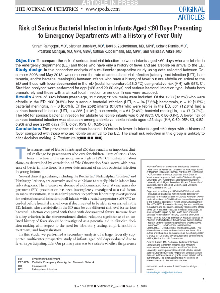 Risk of Serious Bacterial Infection in Infants Aged 60 Days Presenting ...