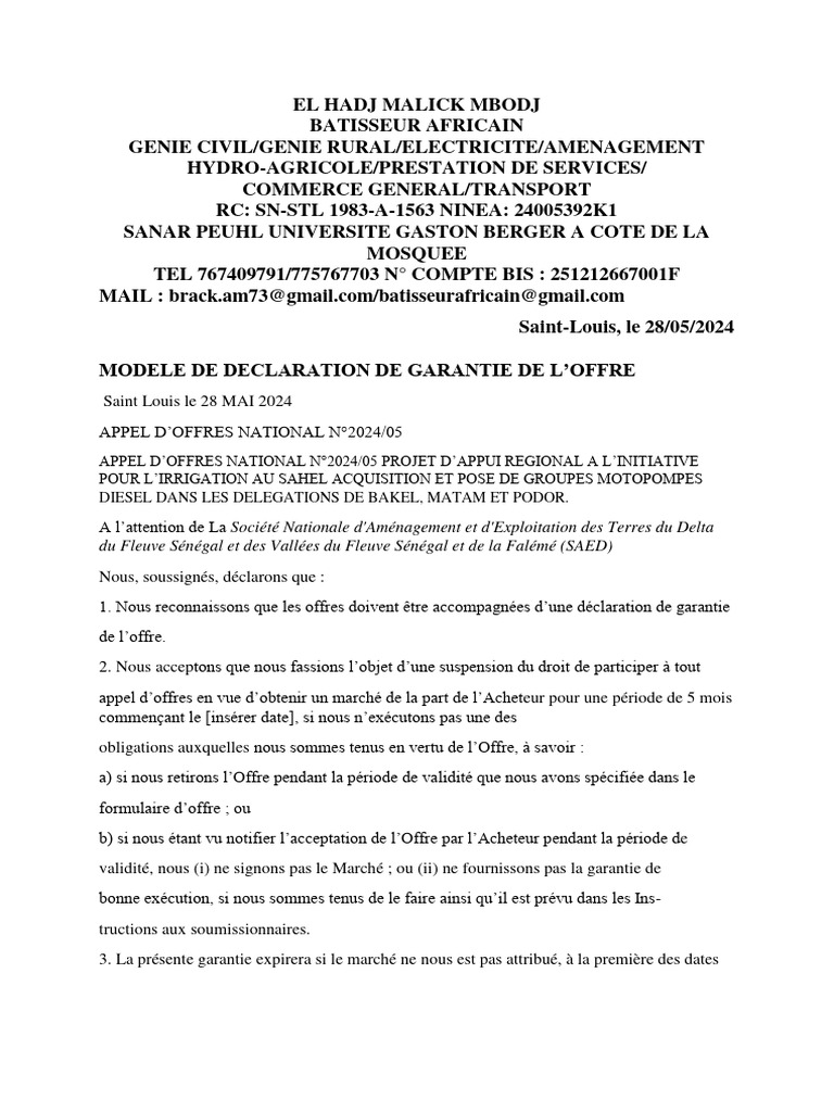 Modèle de Déclaration de Garantie | PDF