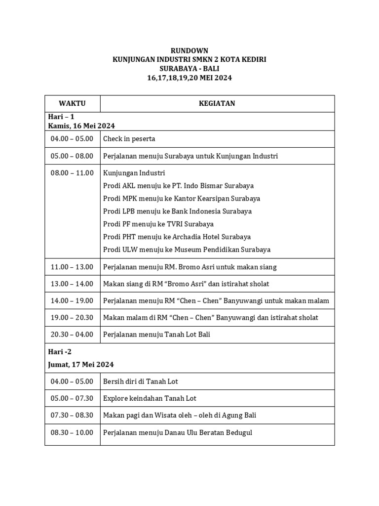 Rundown Study Tour Bali 2 Hari 1 Malam | PDF