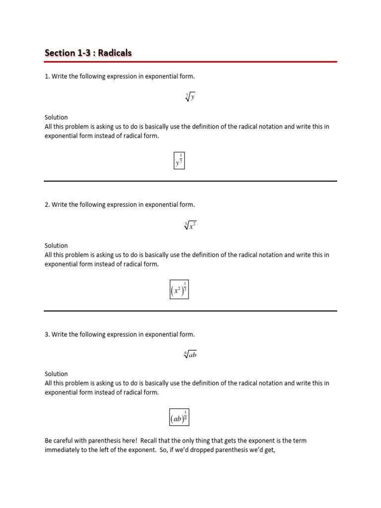 Exponential and Radical Expressions Guide | PDF | Exponentiation | Algebra