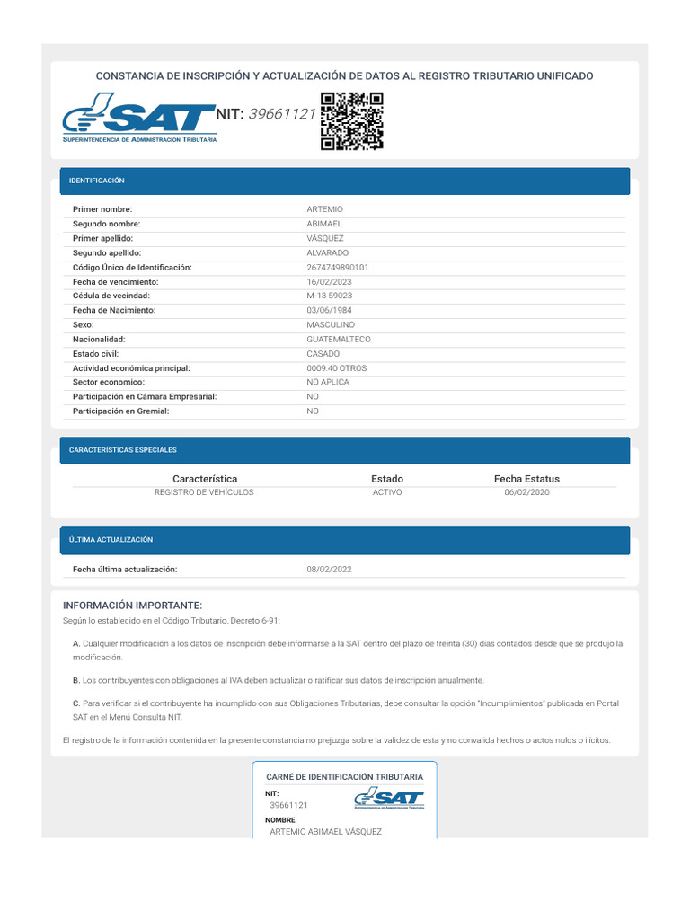 Artemio Portal SAT - Constancia de RTU Digital - Guatemala | PDF ...