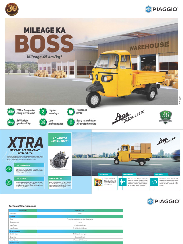 Piaggio Apé Xtra LDX Specifications | PDF | Fuel Economy In Automobiles | Transport