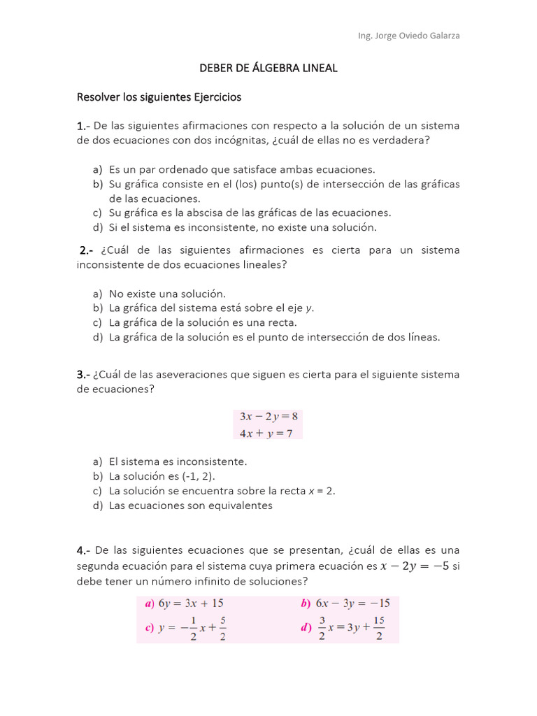 Deber de Algebra Lineal - 1 | PDF | Ecuaciones | Línea (geometría)