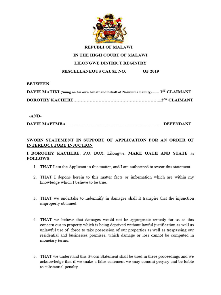 Sworn Statement For Dorothy of Injunction | PDF | Politics | Social Science