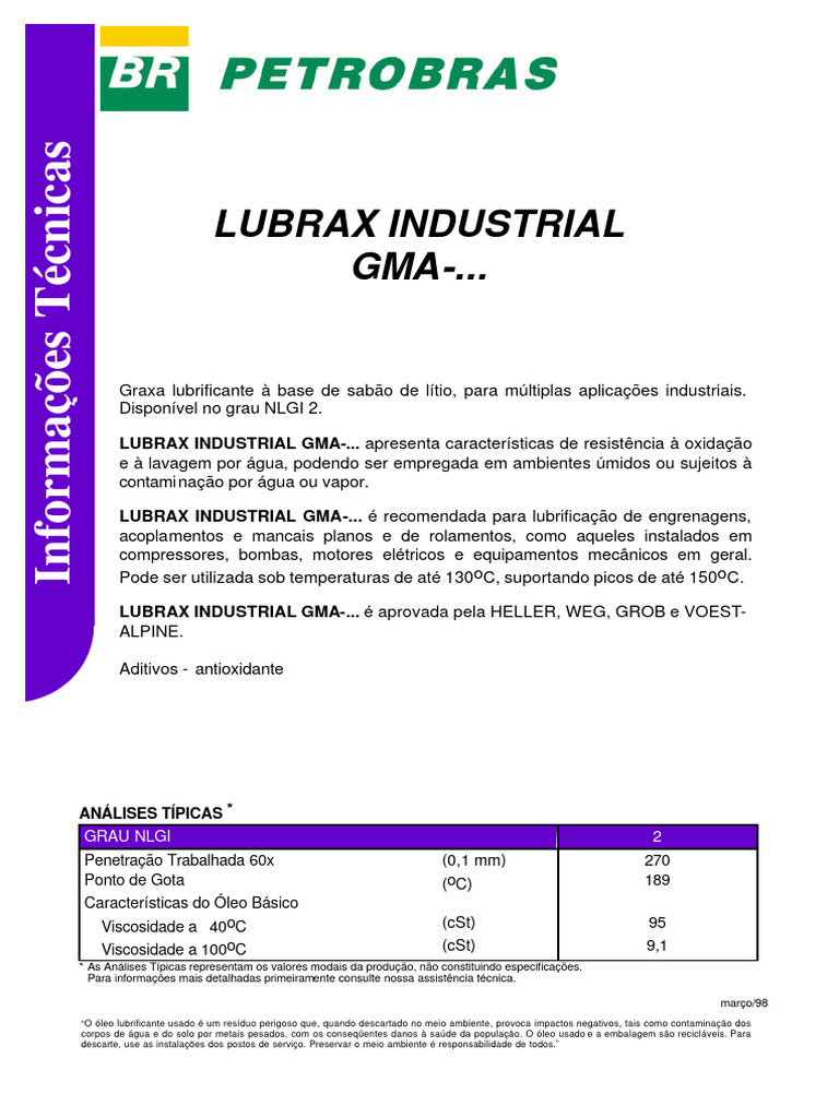 Graxa Lubrax GMA 2: Características e Uso | PDF | Lítio | Materiais