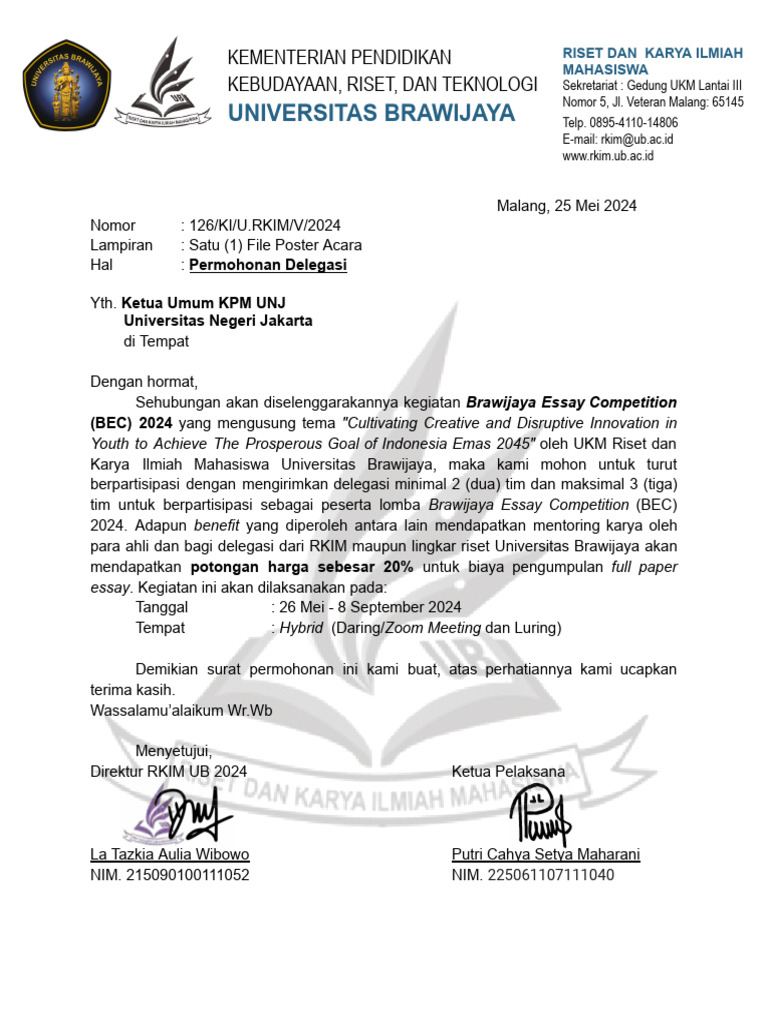 BEC 2024 - Surat Permohonan Delegasi - KPM UNJ | PDF | Seni | Komputer