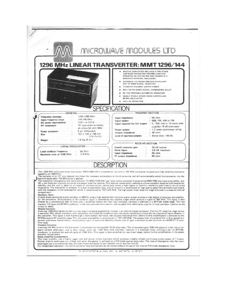Microwave Modules MMT 1296 144 | PDF