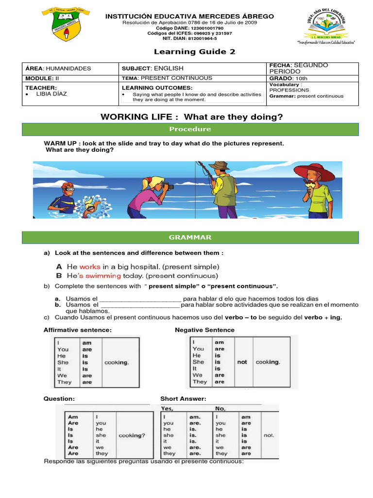 GUIA 4 Present Continuous - 10 Second Term | PDF | Linguistics