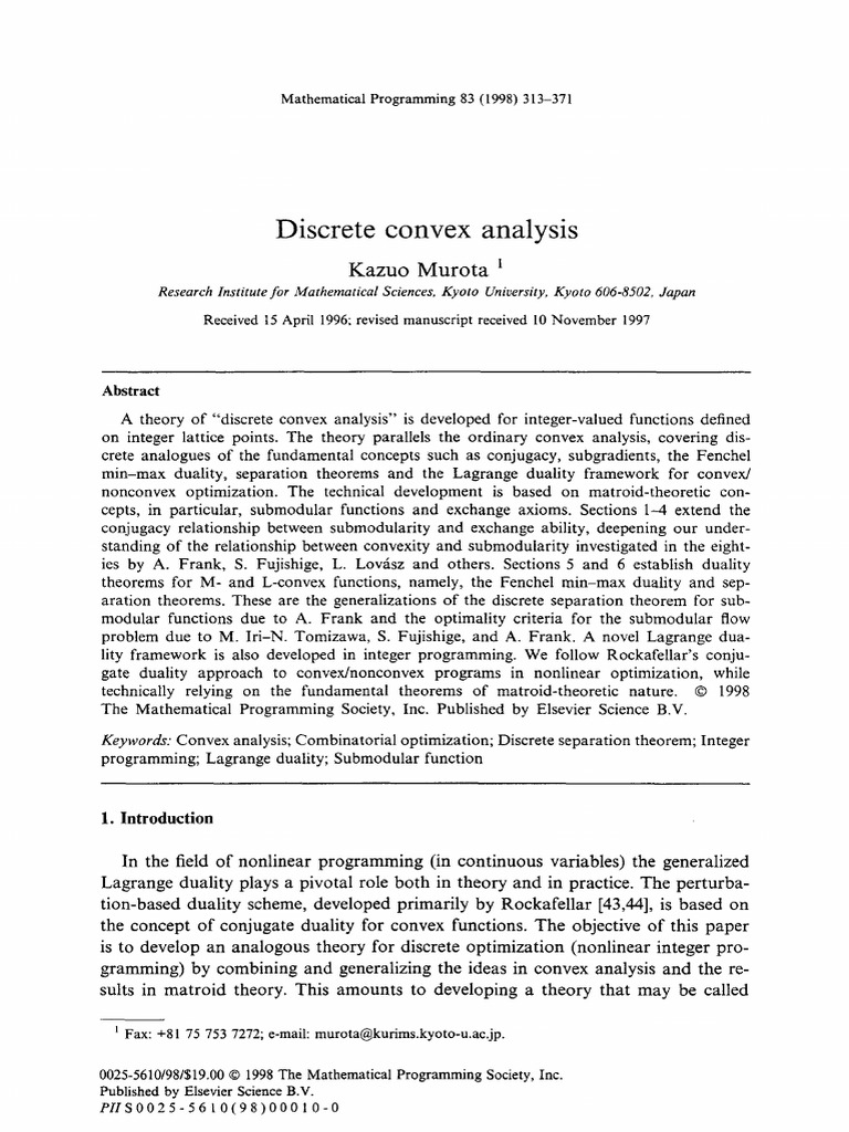 Murota1998 Article DiscreteConvexAnalysis | PDF | Mathematical Optimization | Function (Mathematics)