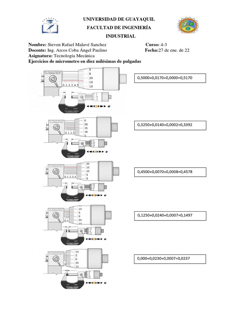 Ejercicios de Micrometro en Diez Milésimas de Pulgadas | PDF | Informática
