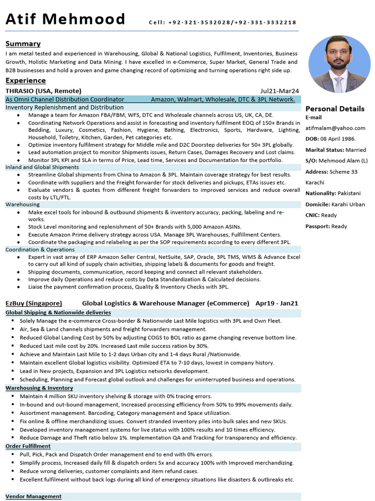 Atif Mehmood Detailed CV | Download Free PDF | Warehouse | E Commerce