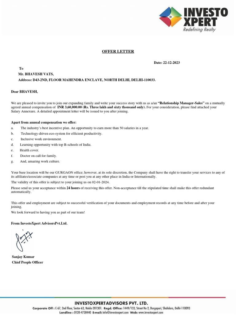Relationship Manager Offer Letter | PDF | Employment | Salary
