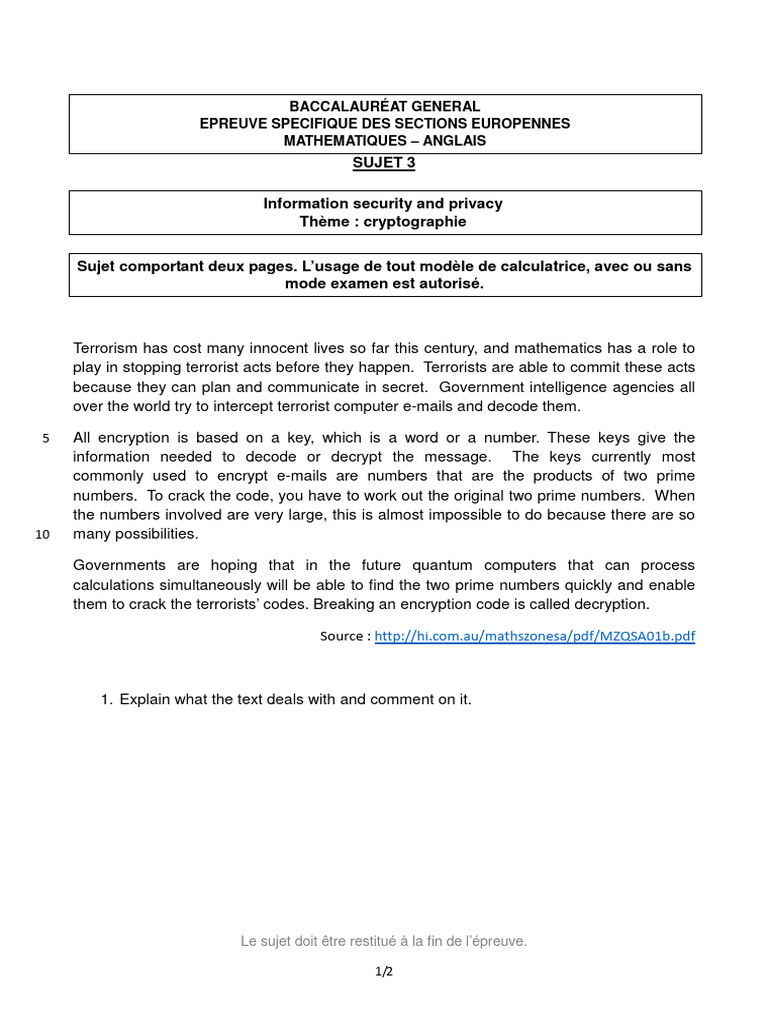 Sujet 3 Cryptography | PDF | Encryption | Cryptography Sujet 3 Cryptography | PDF | Encryption | Cryptography