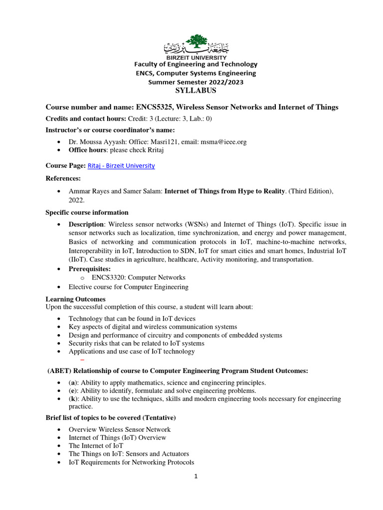 Wireless Sensor Networks Course Syllabus | PDF | Internet Of Things ...