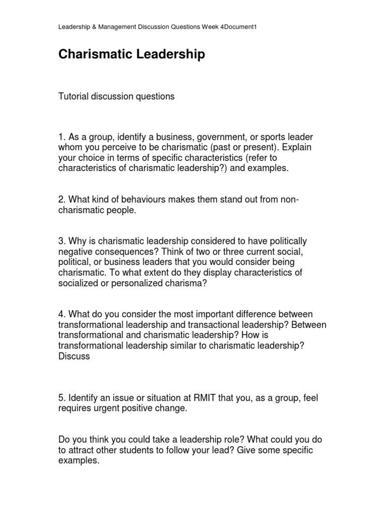 Charismatic Leadership: Leadership & Management Discussion Questions ...