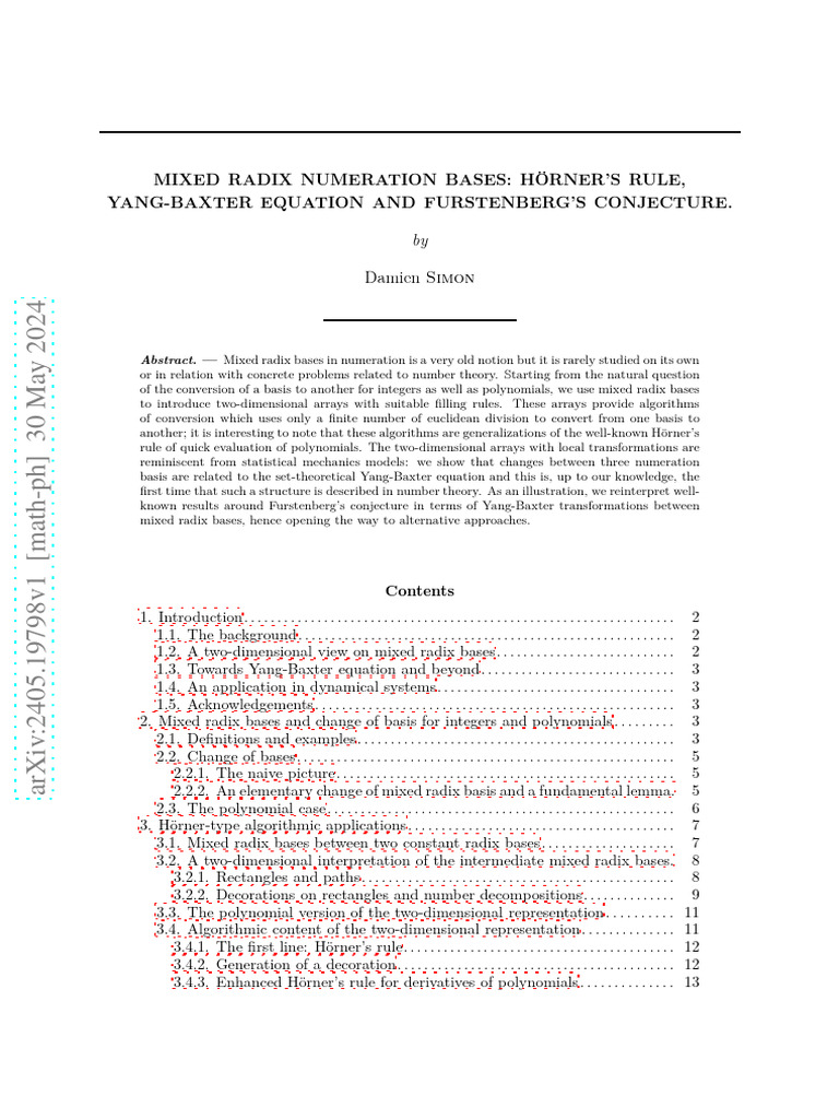 Mixed Radix Numeration Bases: Hörner'S Rule, Yang-Baxter Equation and Furstenberg'S Conjecture ...