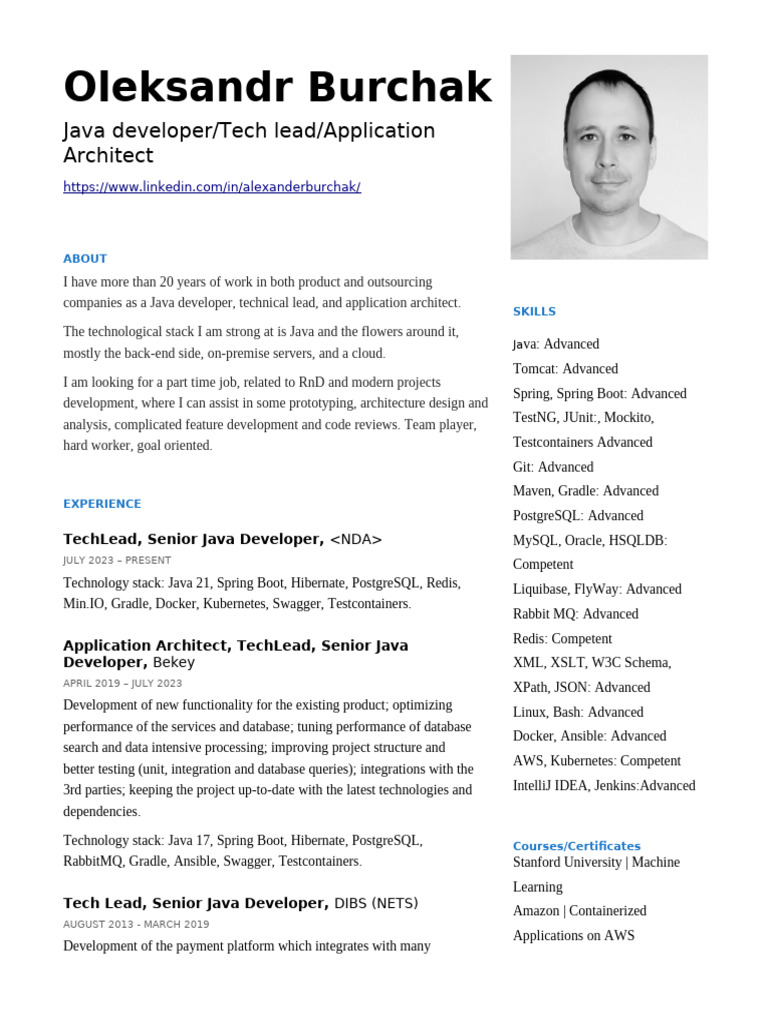 Oleksandr Burchak - CV - May24 | PDF | Java (Programming Language) | Databases